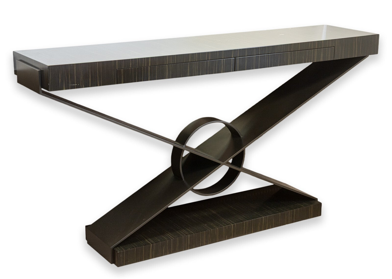 Decca Home Bolier Ebony Wood and Gunmetal X Base Contemporary Console