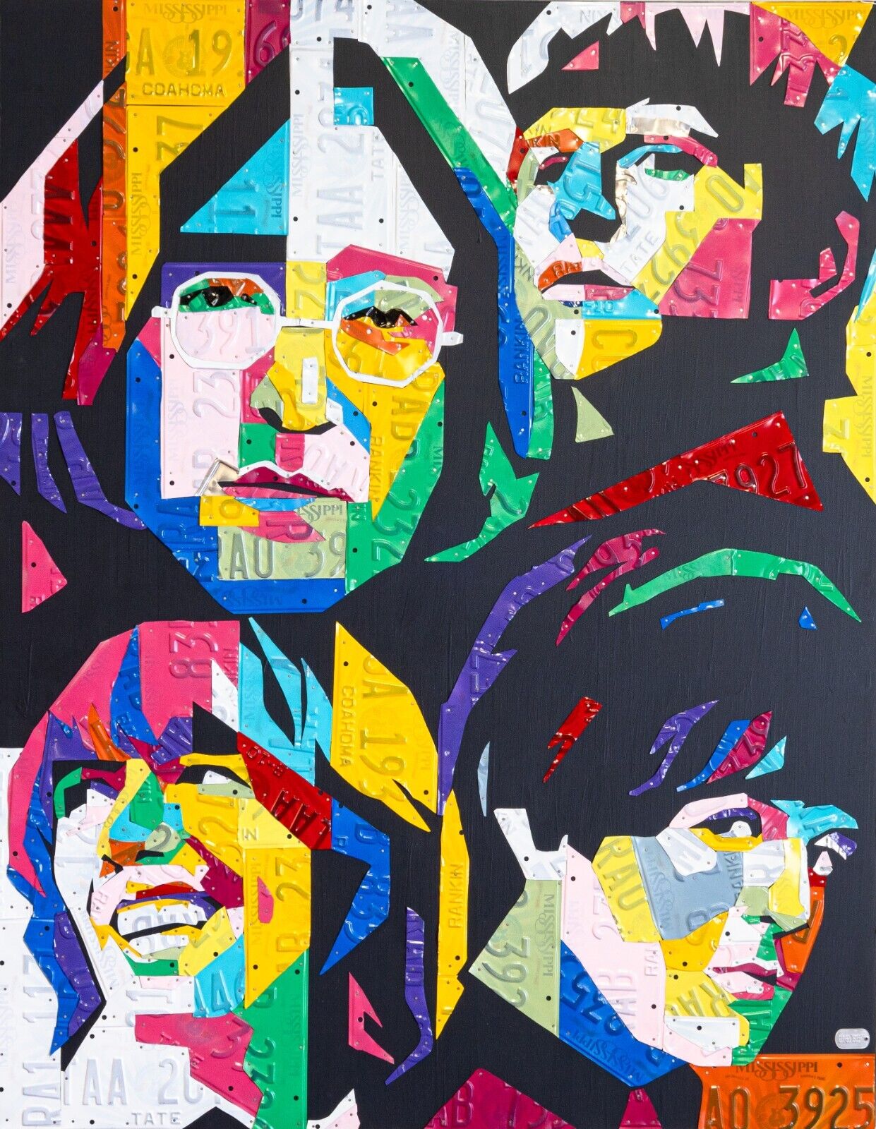 The Beatles by Design Turnpike Recycled License Plate Art on Wood Slab