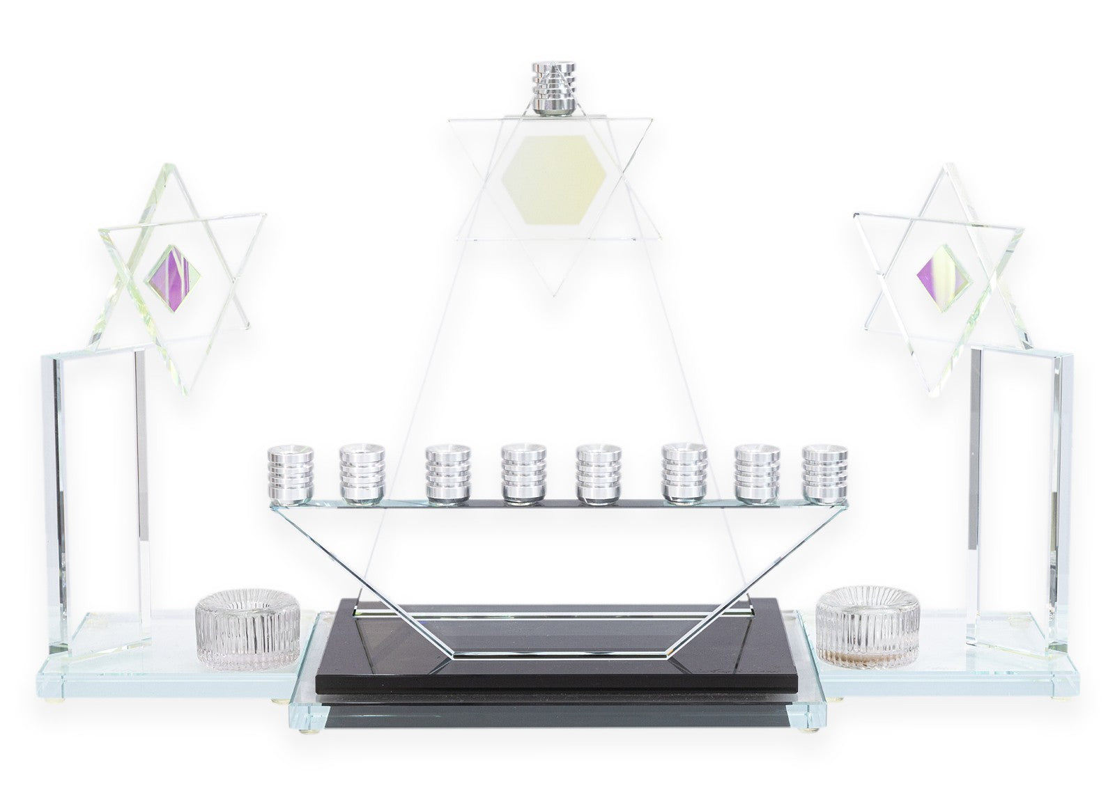 Signed 2001 J Anthony Atkins Glass Menorah and Shabbat Candlesticks Se