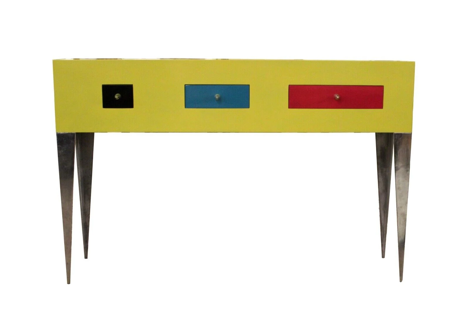 Vintage Custom Made Memphis Style Postmodern Yellow & Chrome Console T