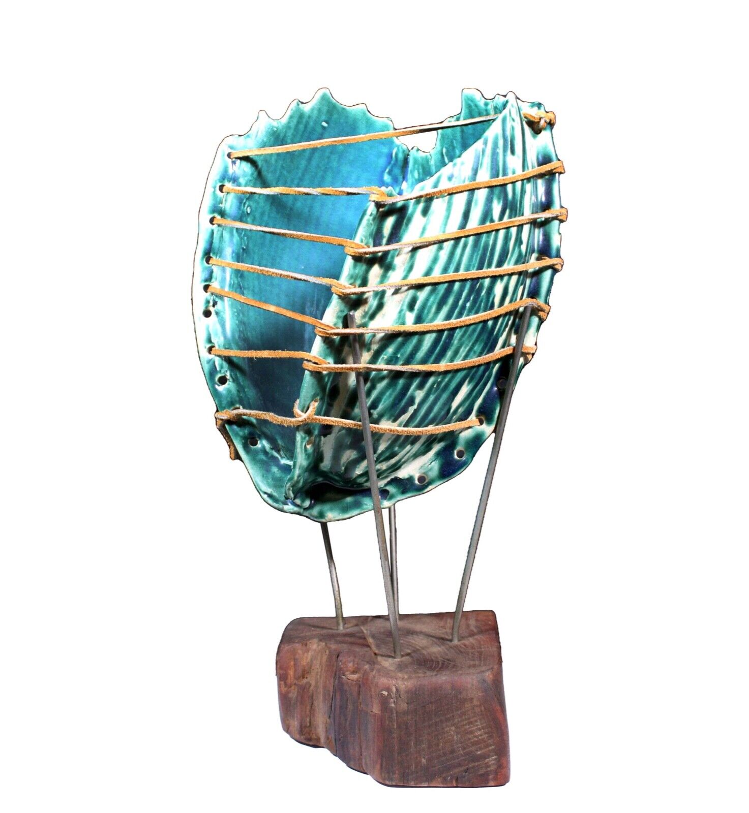 Mid Century Modern Ceramic Green Biomorphic Shell Design on Metal & Wo